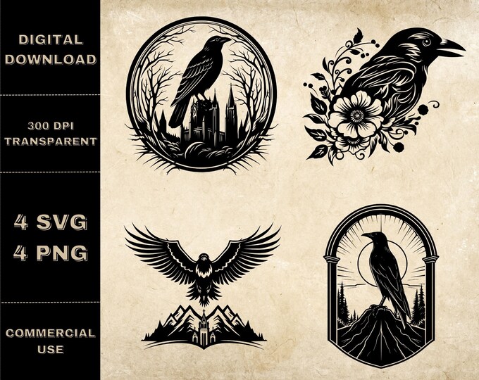 40 Raven and Crow Designs Bundle PNG & SVG Digital for Laser Engraving ...