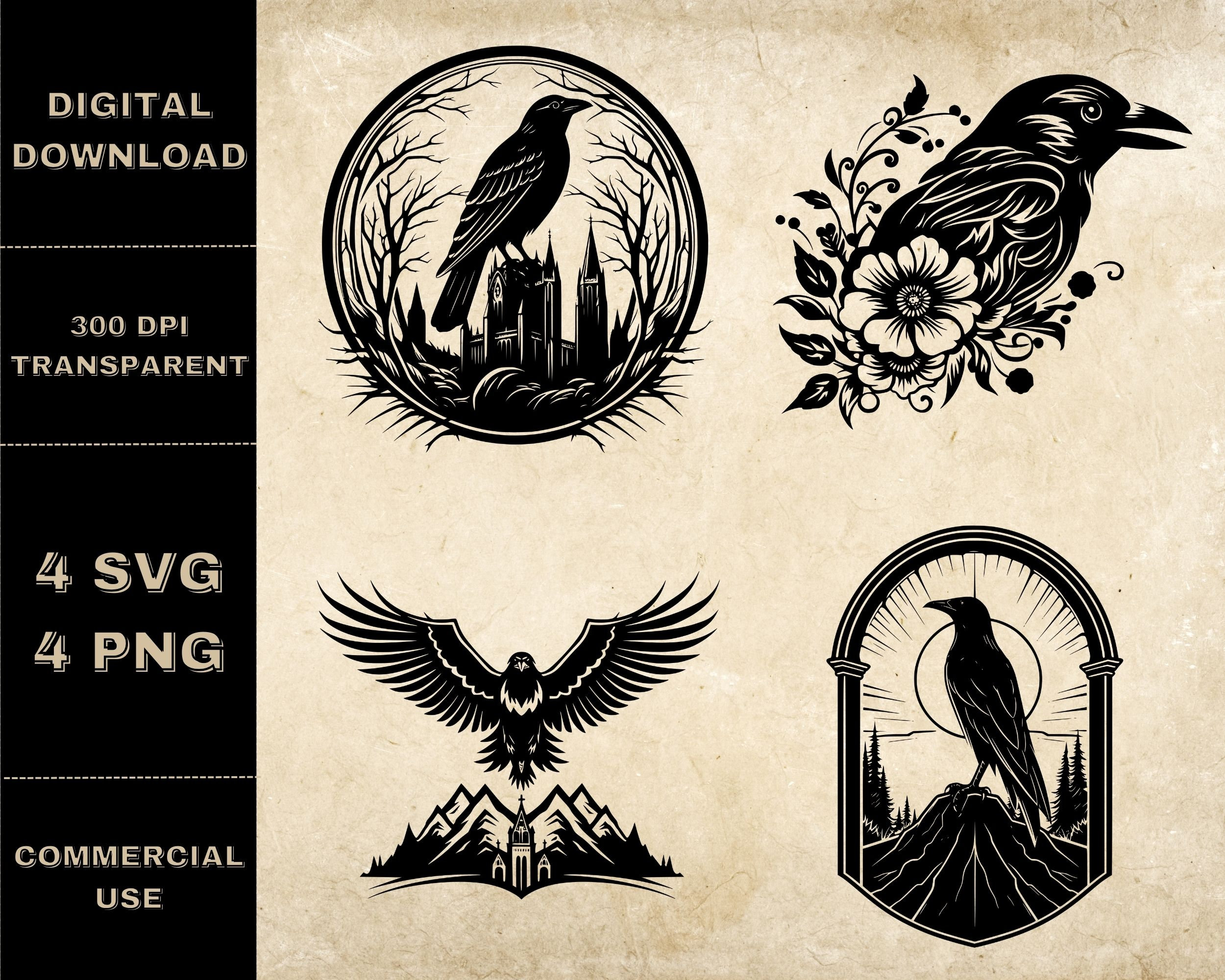 Raven SVG Bundle, PNG, Black Bird Clipart, Hand Drawn Crows Vector ...