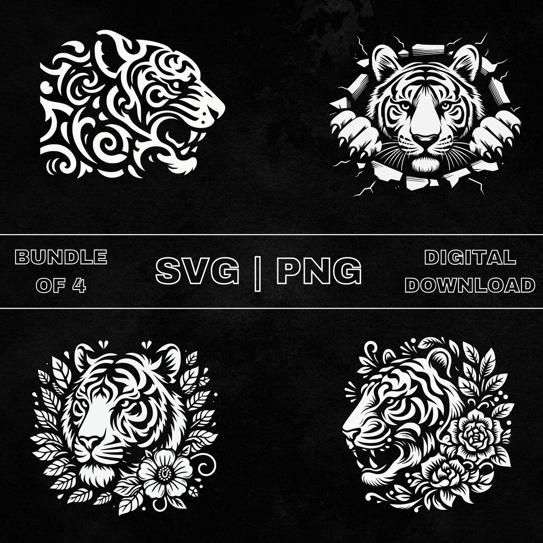 Floral Tiger SVG Bundle, Tiger Flower Clipart, Hand Drawn Tiger Head ...