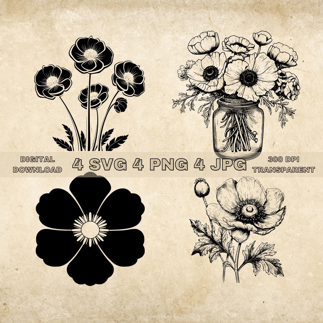 Anemone SVG Bundle, PNG, Flowers Clipart Cut Files, Botanical Floral ...