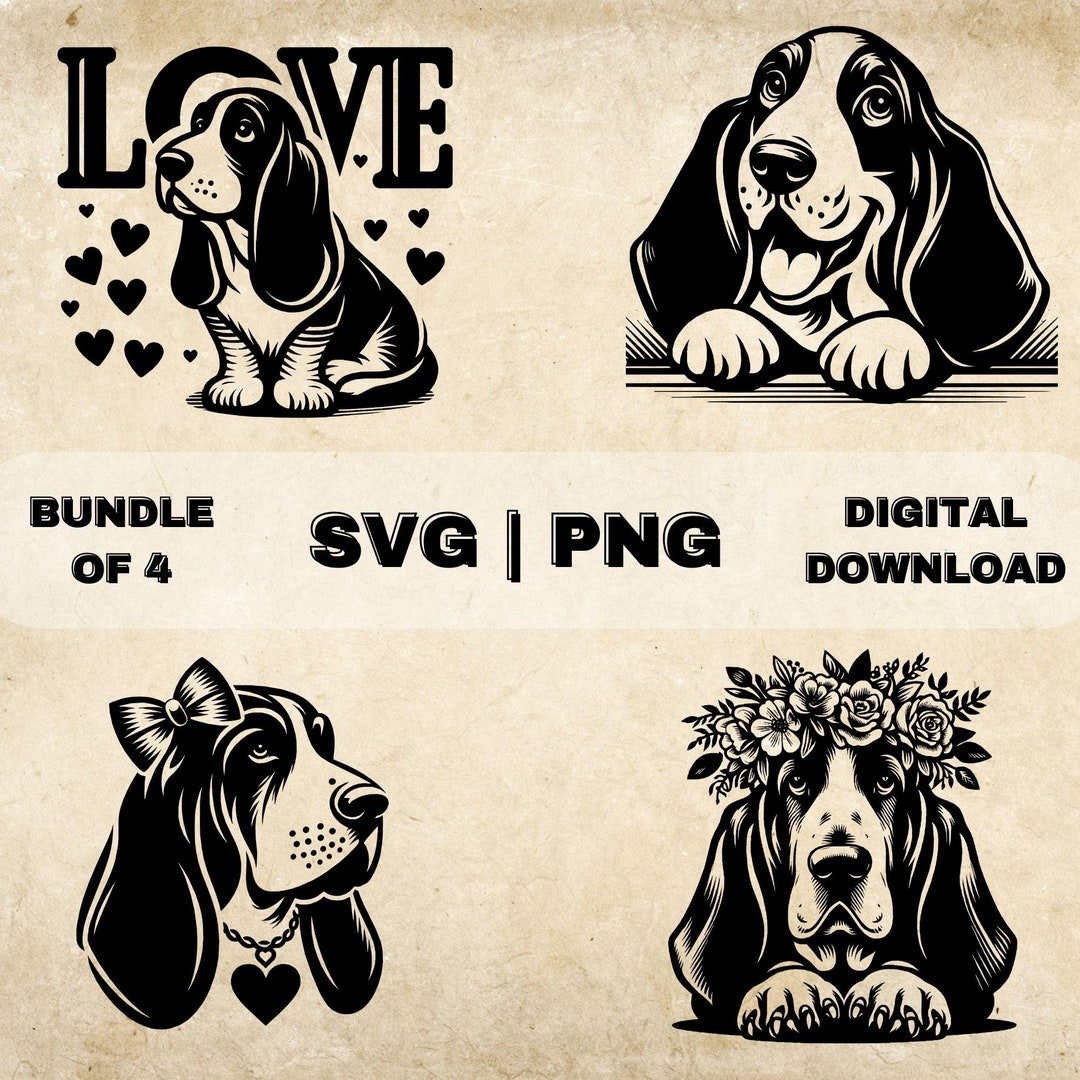 Basset Hound SVG Bundle, Basset Hound Clipart, Hand Drawn Dog Theme ...