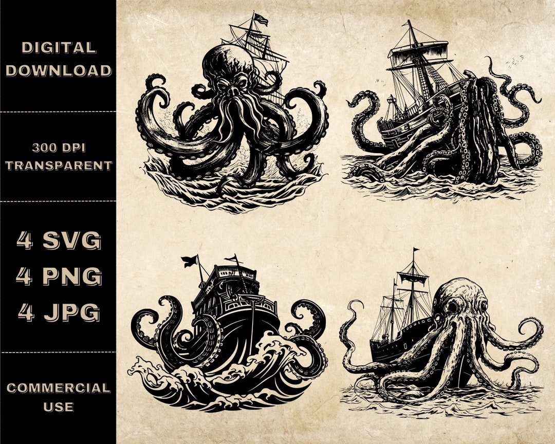 Kraken SVG Bundle, PNG, Shipwreck Octopus Clipart, Hand Drawn Sea ...
