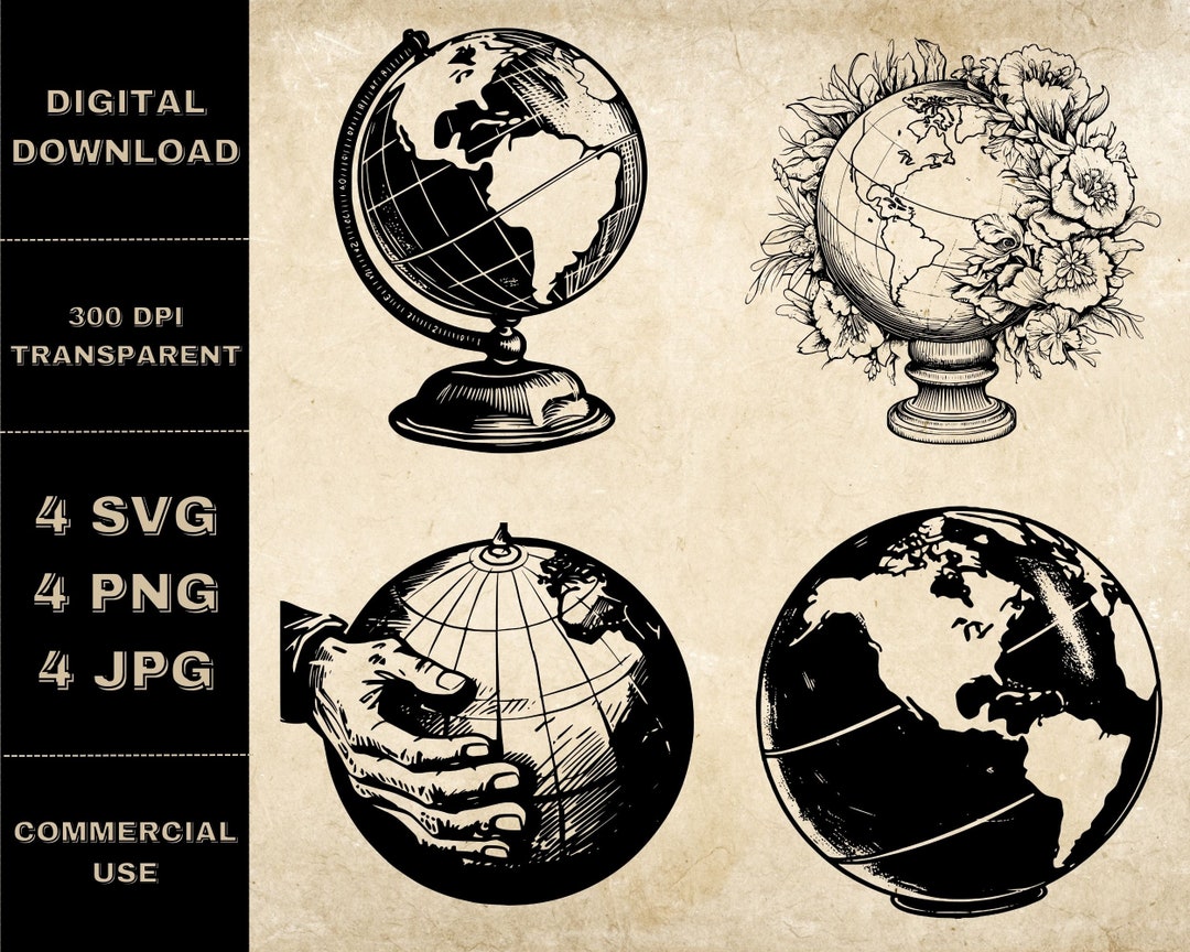 Globe SVG Bundle, PNG, Floral Planet Earth Clipart, Hand Drawn Globe ...