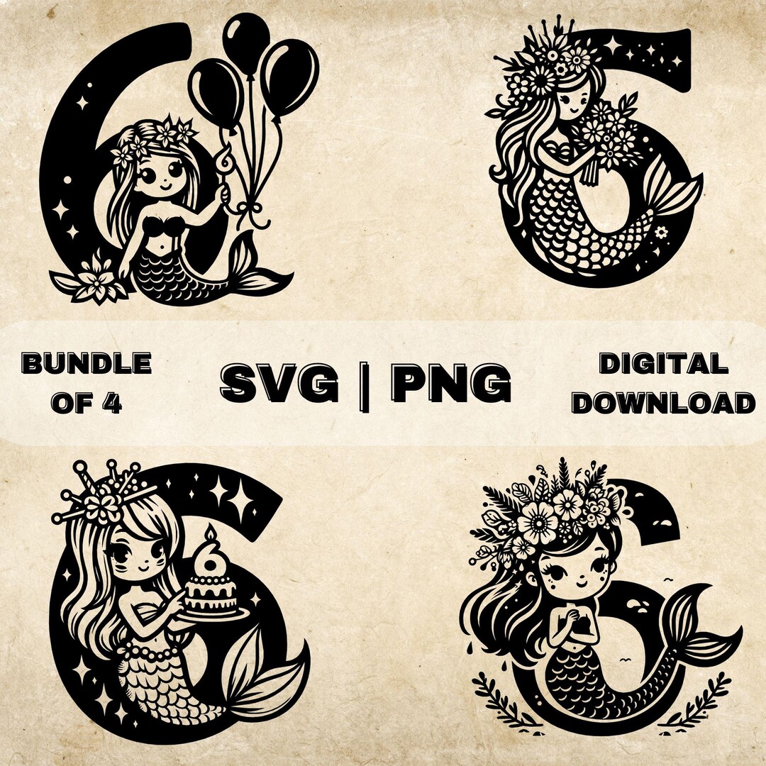 Mermaid 6th Birthday SVG Bundle, Sixth Birthday Clipart, Hand Drawn ...