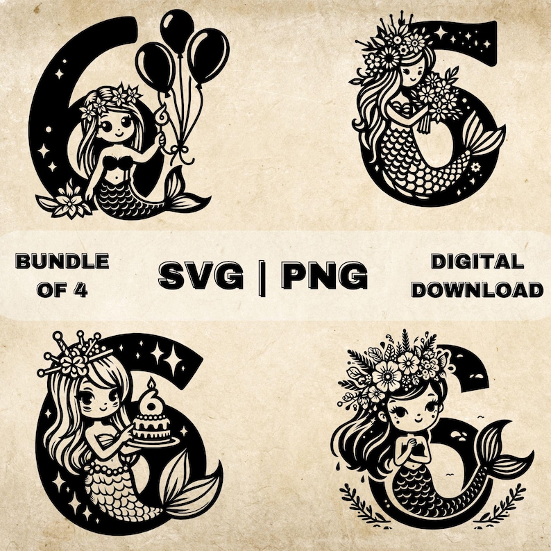 Mermaid 6th Birthday SVG Bundle, Sixth Birthday Clipart, Hand Drawn ...