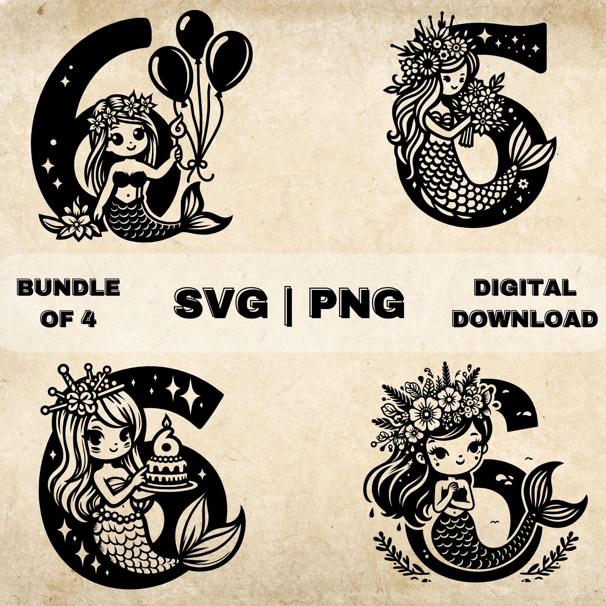 Mermaid 6th Birthday SVG Bundle, Sixth Birthday Clipart, Hand Drawn ...
