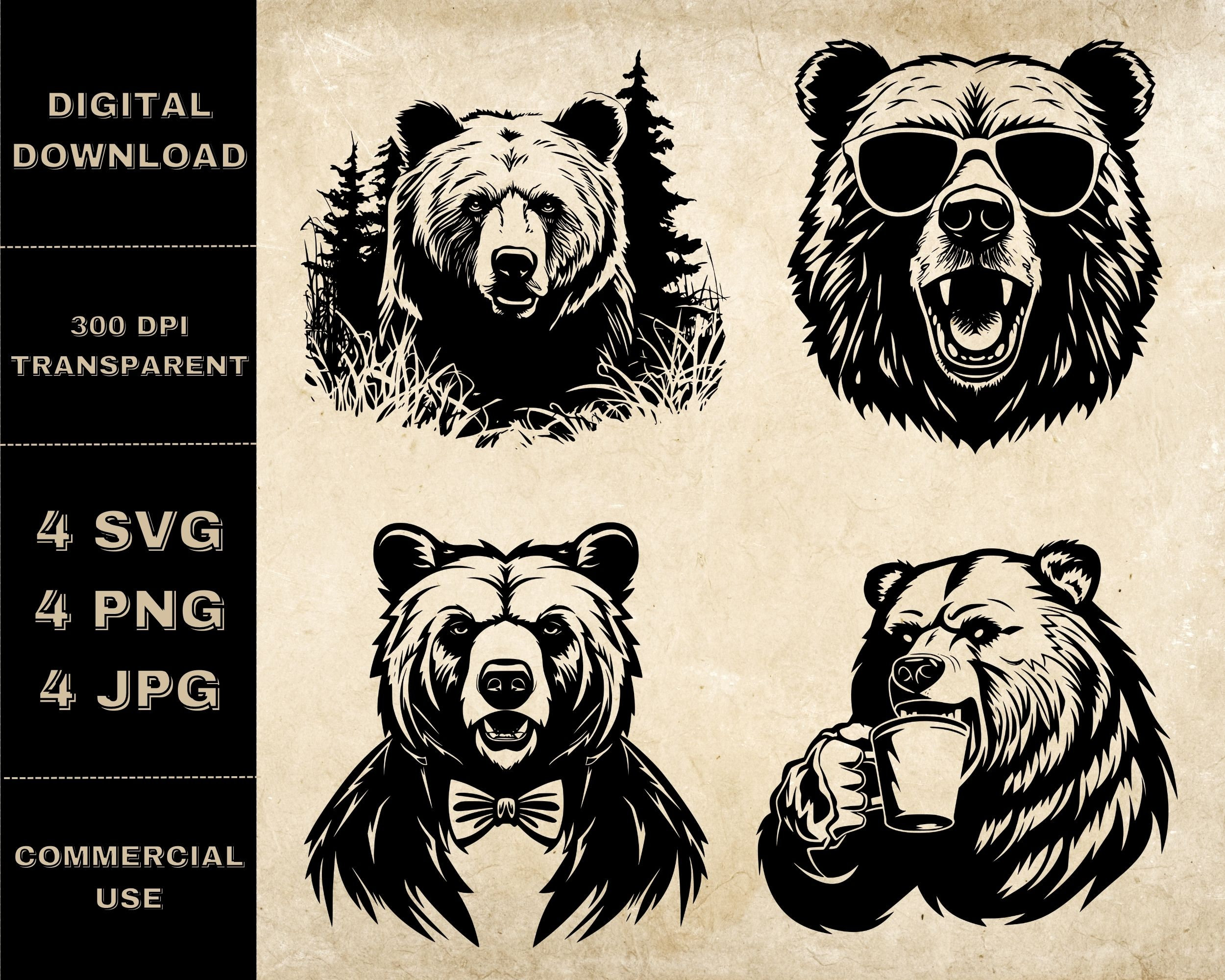 Grizzly Bear SVG Bundle, PNG, Wild Animal Clipart, Hand Drawn Grizzly Bear Vector Illustration ...