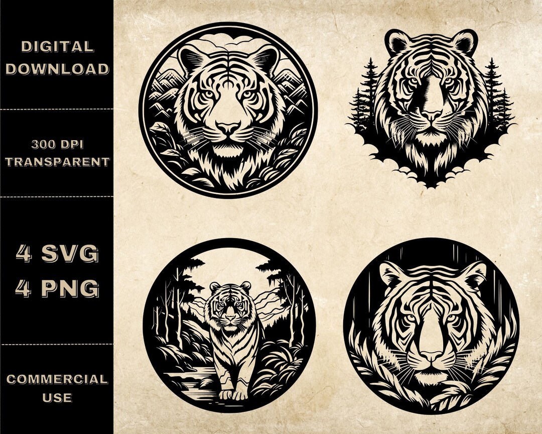 Tiger SVG Bundle, PNG, Wild Animal Clipart, Hand Drawn Tiger Vector ...