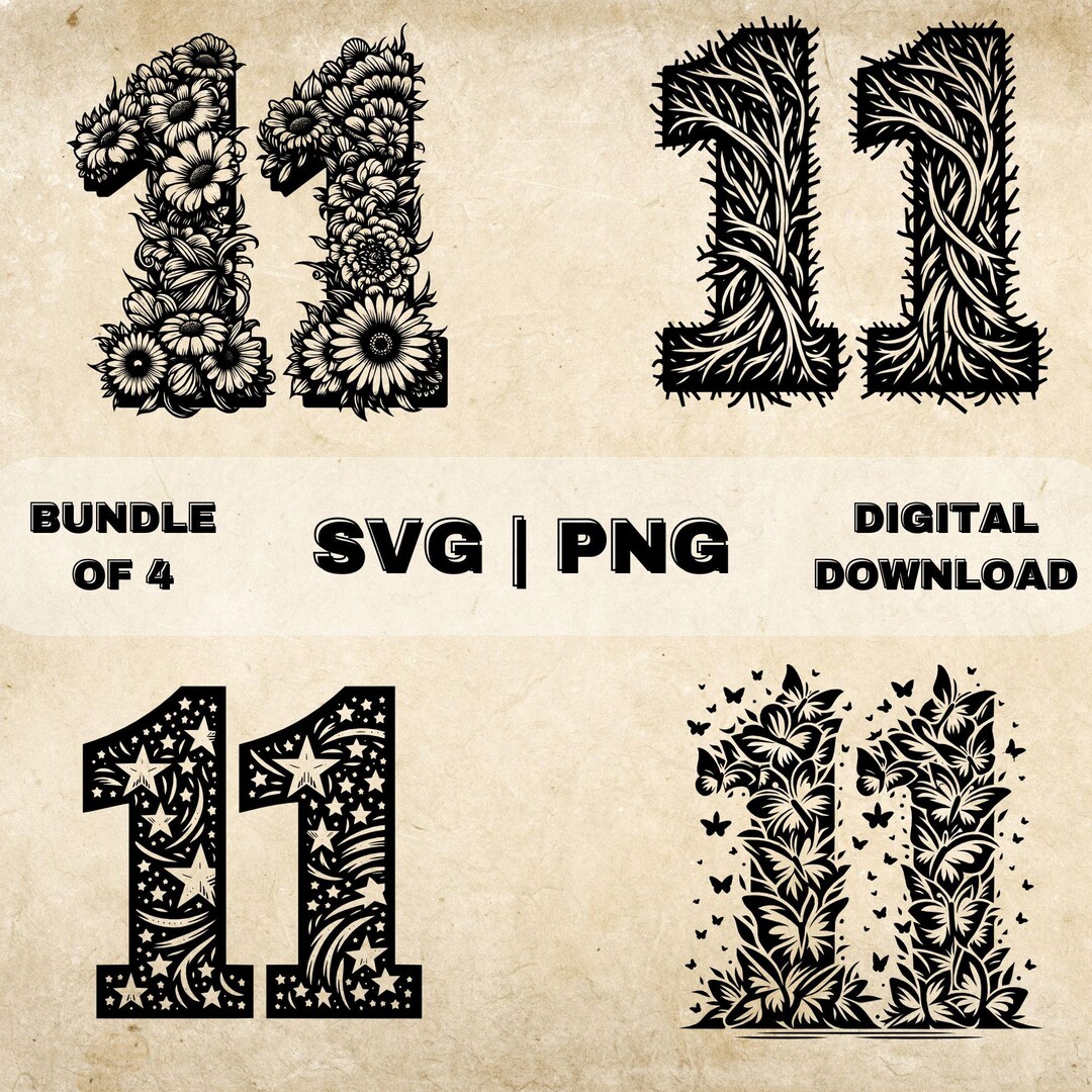 Number 11 SVG Bundle, 11th Birthday Clipart, Hand Drawn Eleven Themed ...