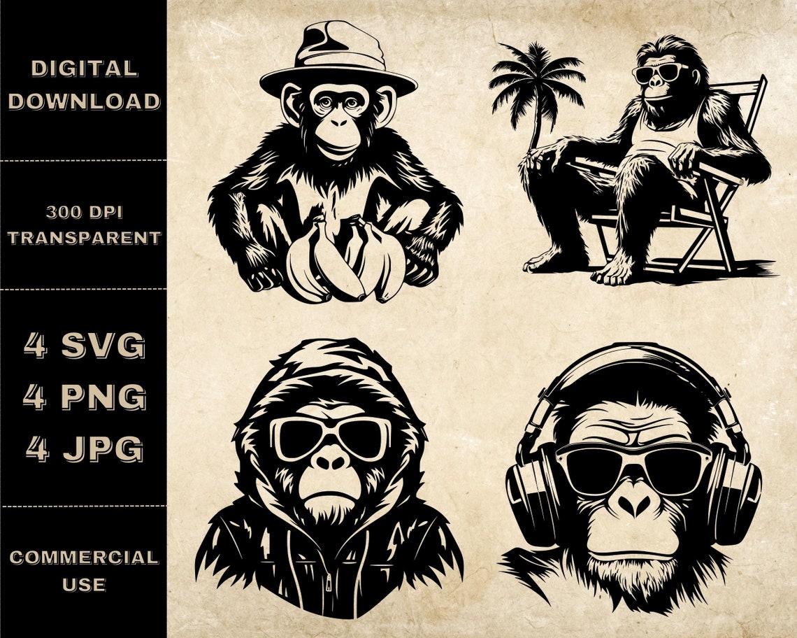 Monkey SVG Bundle PNG Funny Monkey Clipart Hand Drawn Cool - Etsy