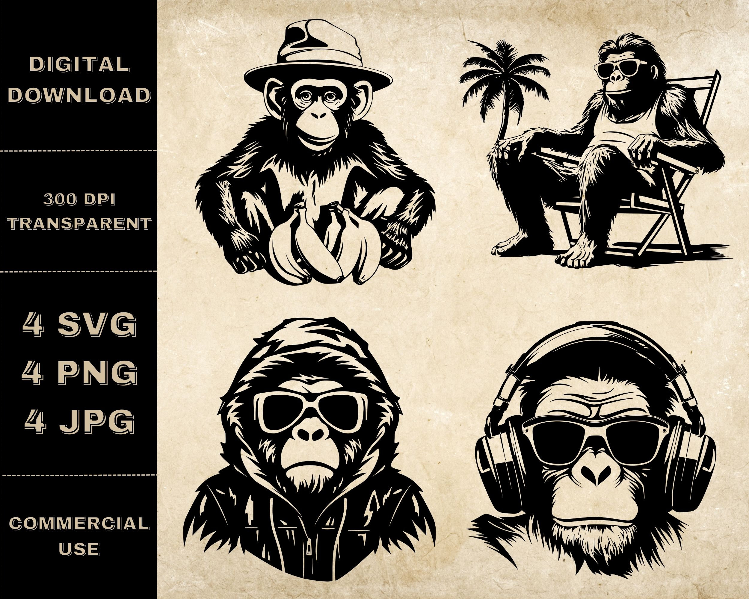 Monkey SVG Bundle PNG Funny Monkey Clipart Hand Drawn Cool - Etsy