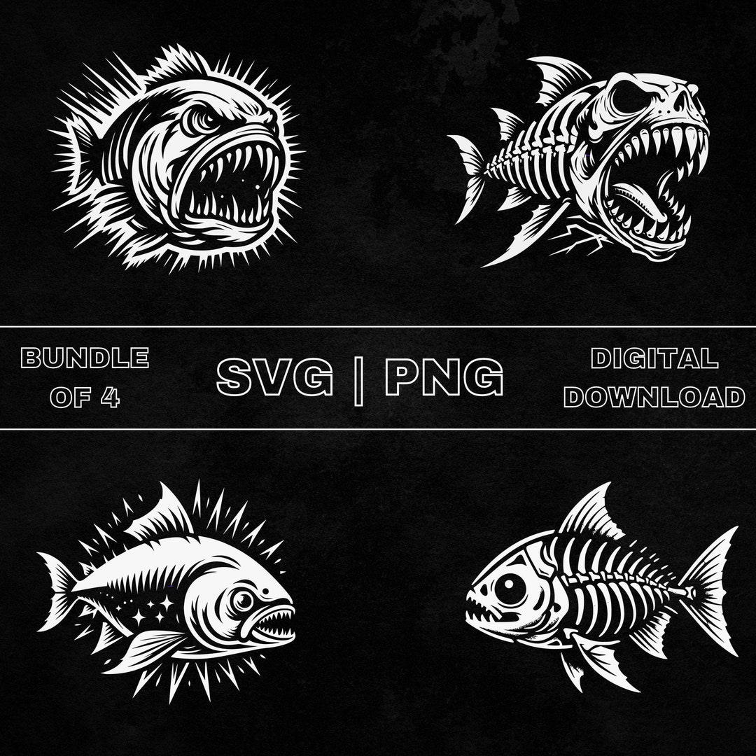 Piranha SVG Bundle, Piranha Skeleton Clipart, Hand Drawn Piranha Fish ...