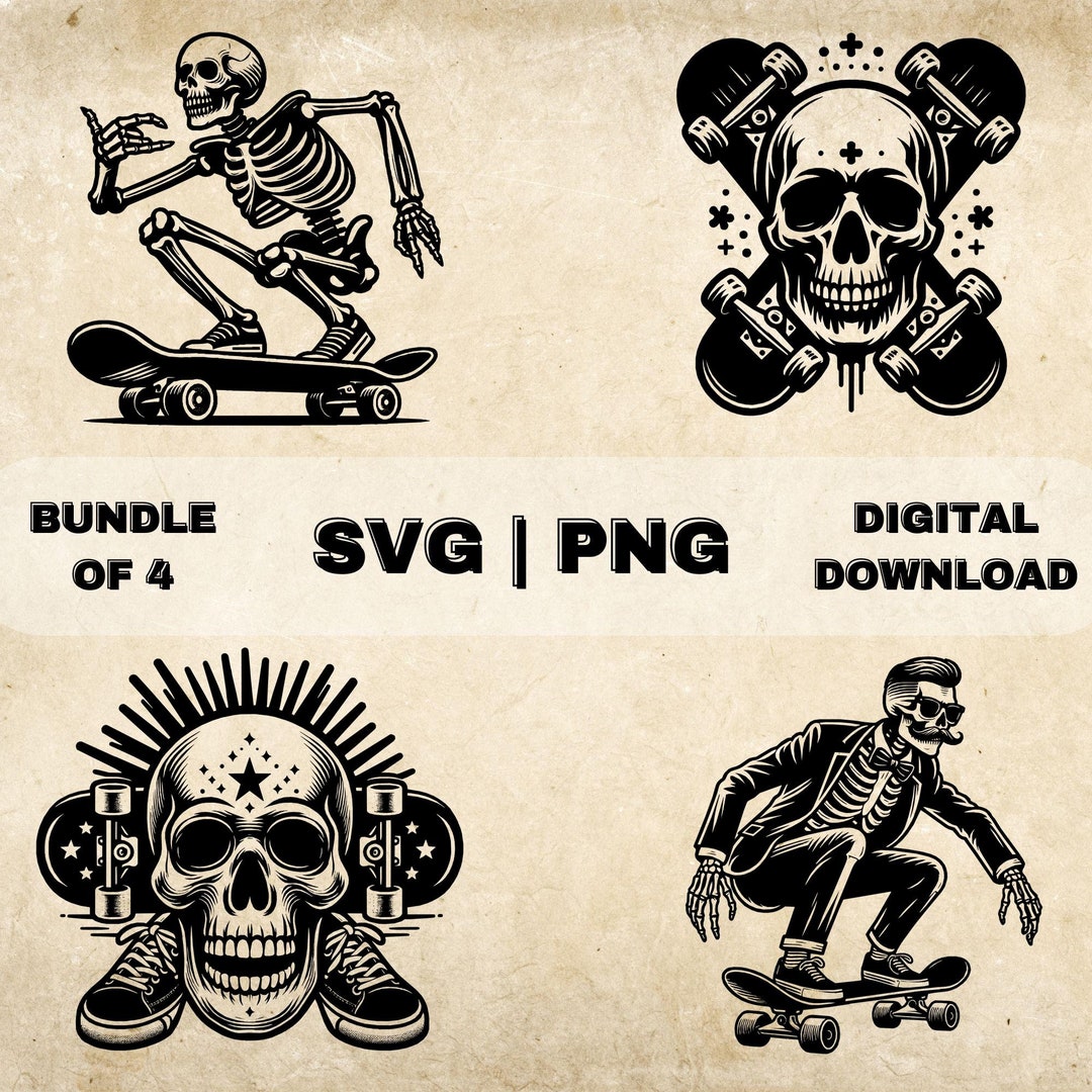 Skateboard SVG Bundle, Skeleton Skateboarding Clipart, Hand Drawn ...