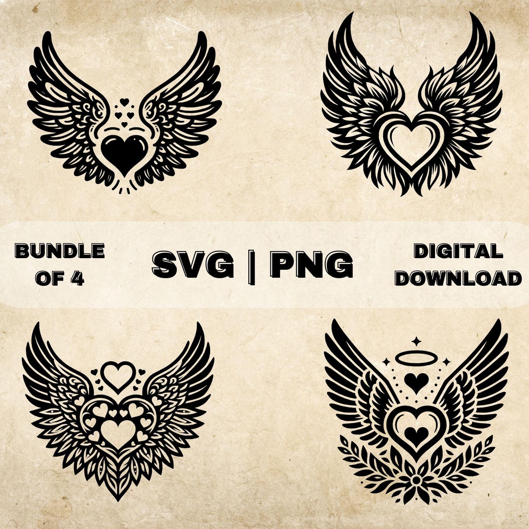 Angel Wings With Heart SVG Bundle, Angel Wings Clipart, Hand Drawn ...