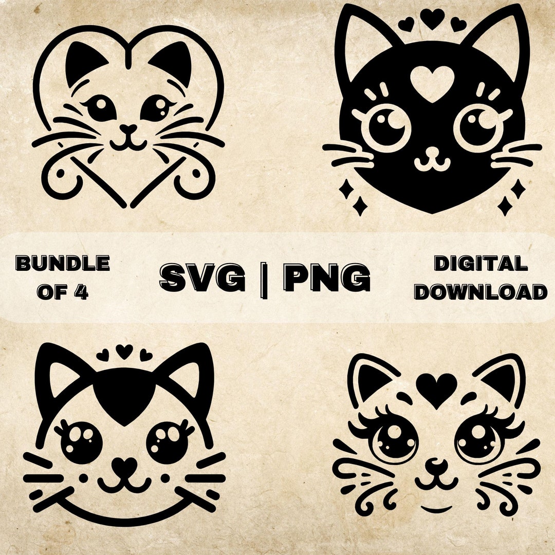 Cat Face SVG Bundle, Cute Cat Clipart, Hand Drawn Cat Lover Theme ...