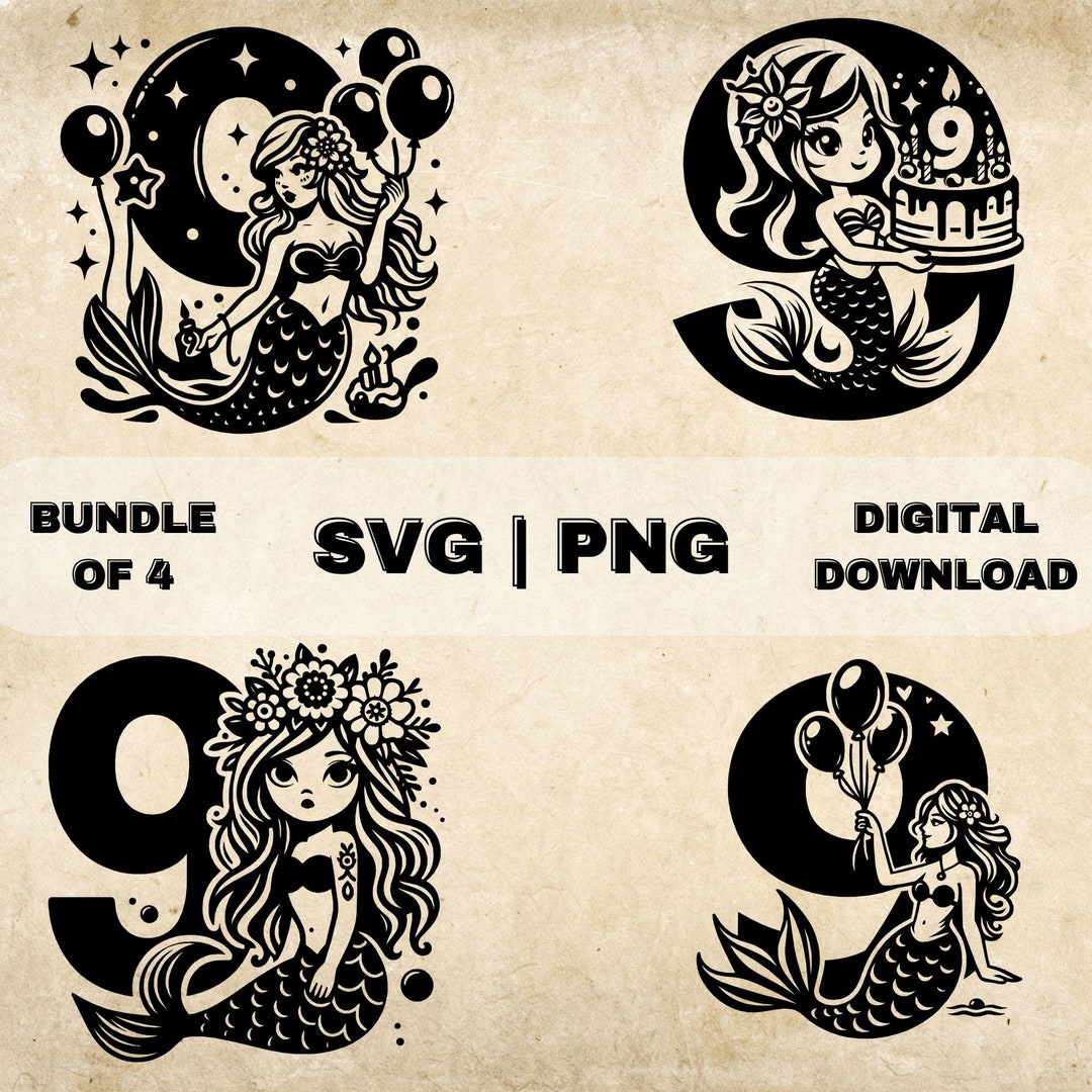 Mermaid 9th Birthday SVG Bundle, Ninth Birthday Clipart, Hand Drawn ...