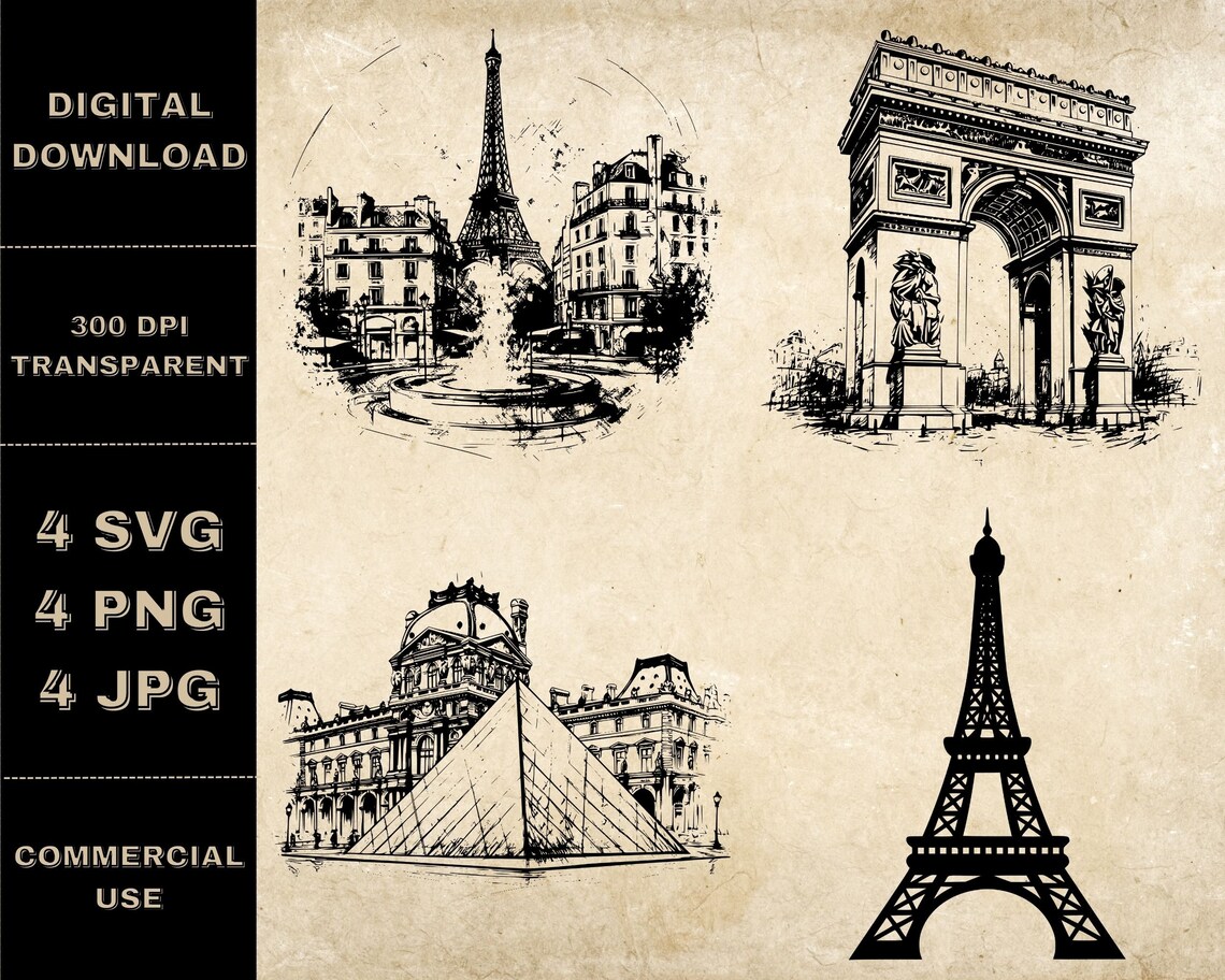 Paris SVG Bundle, PNG, France Clipart, Hand Drawn Eiffel Tower and ...