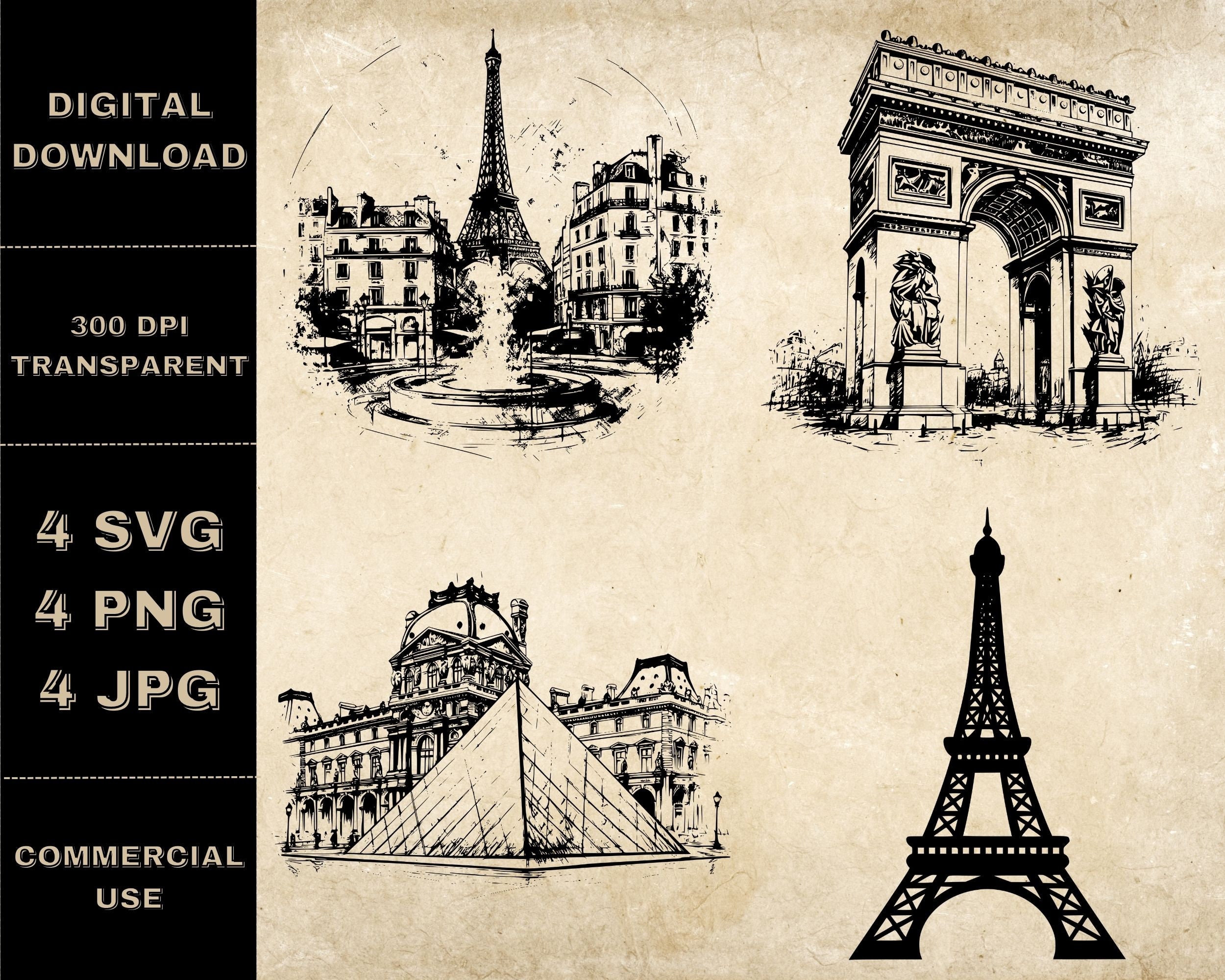 Paris SVG Bundle PNG France Clipart Hand Drawn Eiffel Tower - Etsy