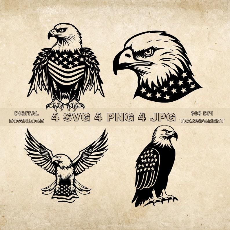 American Flag Eagle SVG Bundle, PNG, Patriotic Eagle Clipart, Hand ...