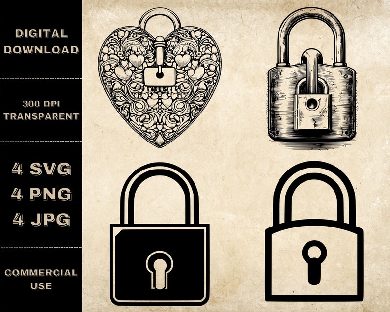 Lock SVG Bundle PNG Padlock Clipart Hand Drawn Heart Lock - Etsy
