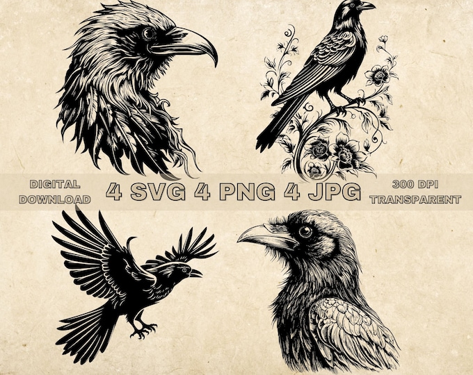 40 Raven and Crow Designs Bundle PNG & SVG Digital for Laser Engraving ...