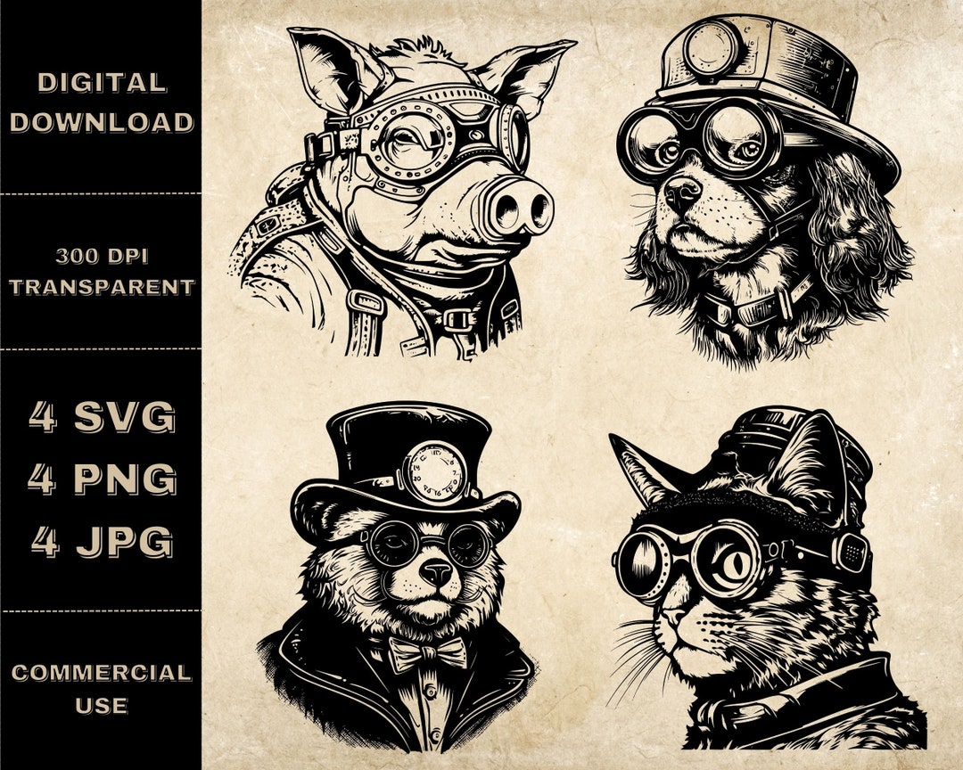 Steampunk Animals SVG Bundle, PNG, Steampunk Clipart, Hand Drawn ...