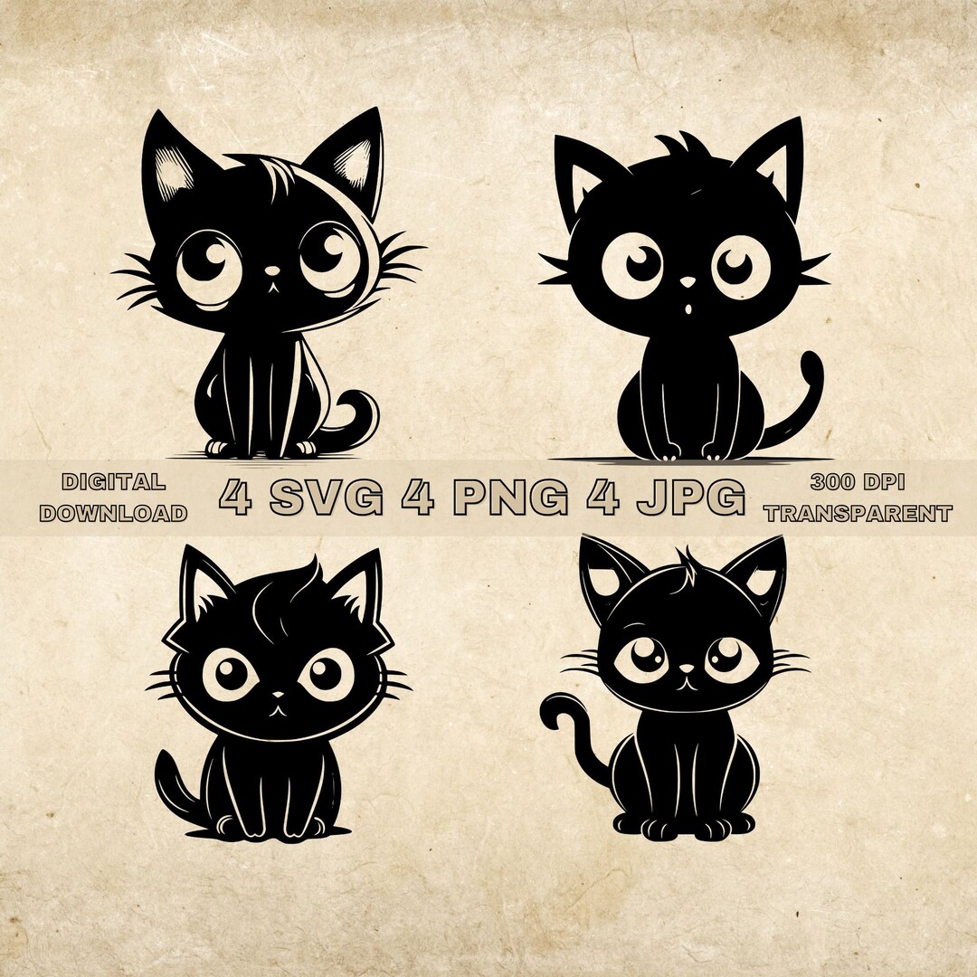 Cute Cat SVG Bundle, PNG, Kitten Clipart, Hand Drawn Cat Vector ...