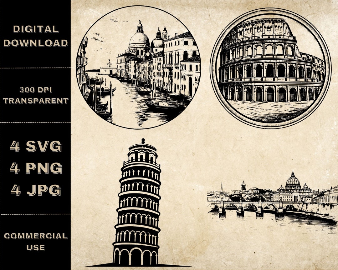 Italy SVG Bundle, PNG, Colosseum Clipart, Hand Drawn Pisa Tower Vector ...