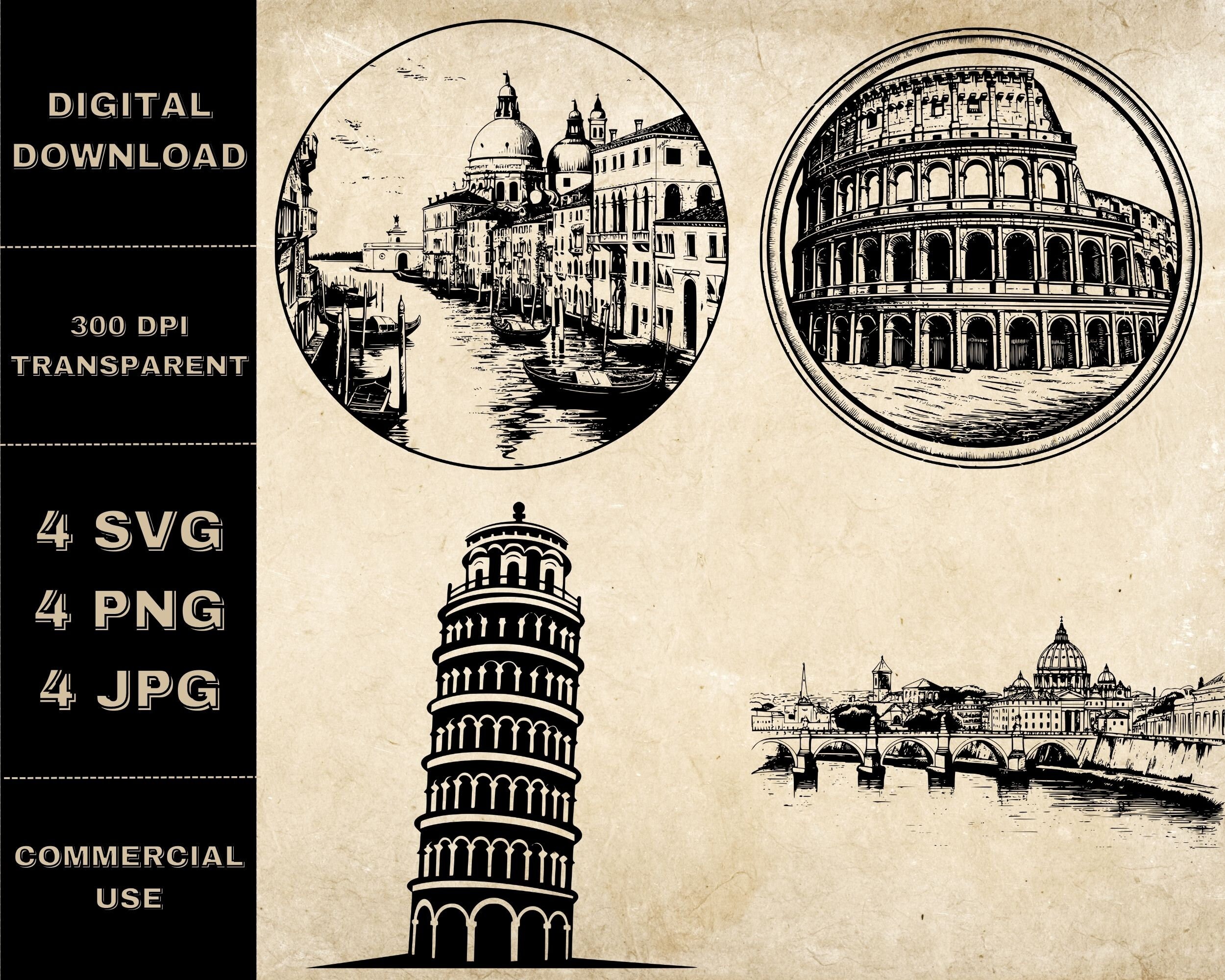 Italy SVG Bundle, PNG, Colosseum Clipart, Hand Drawn Pisa Tower Vector ...