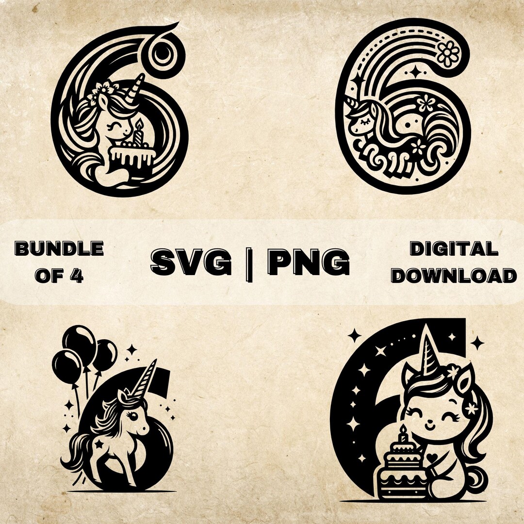 Unicorn 6th Birthday SVG Bundle, Sixth Birthday Clipart, Hand Drawn ...