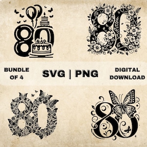Number 80 SVG Bundle, 80th Birthday Clipart, Hand Drawn Eighty Themed ...