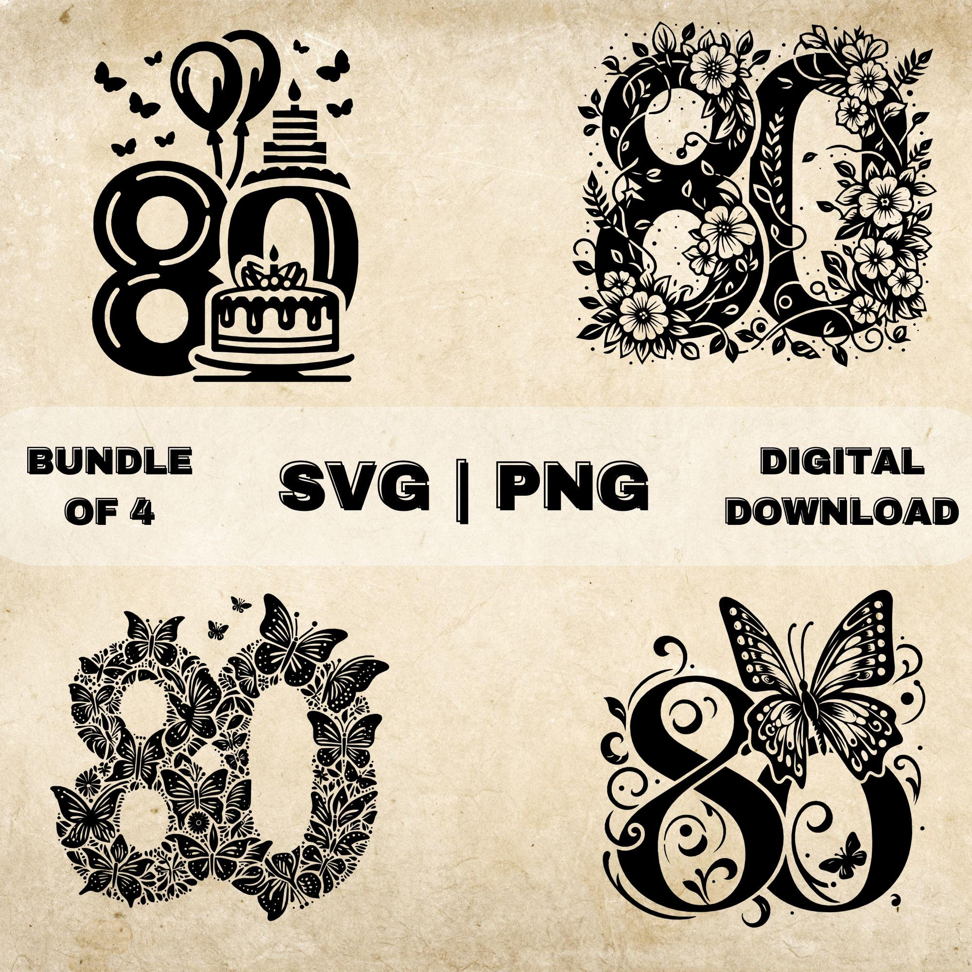 Number 80 SVG Bundle, 80th Birthday Clipart, Hand Drawn Eighty Themed ...