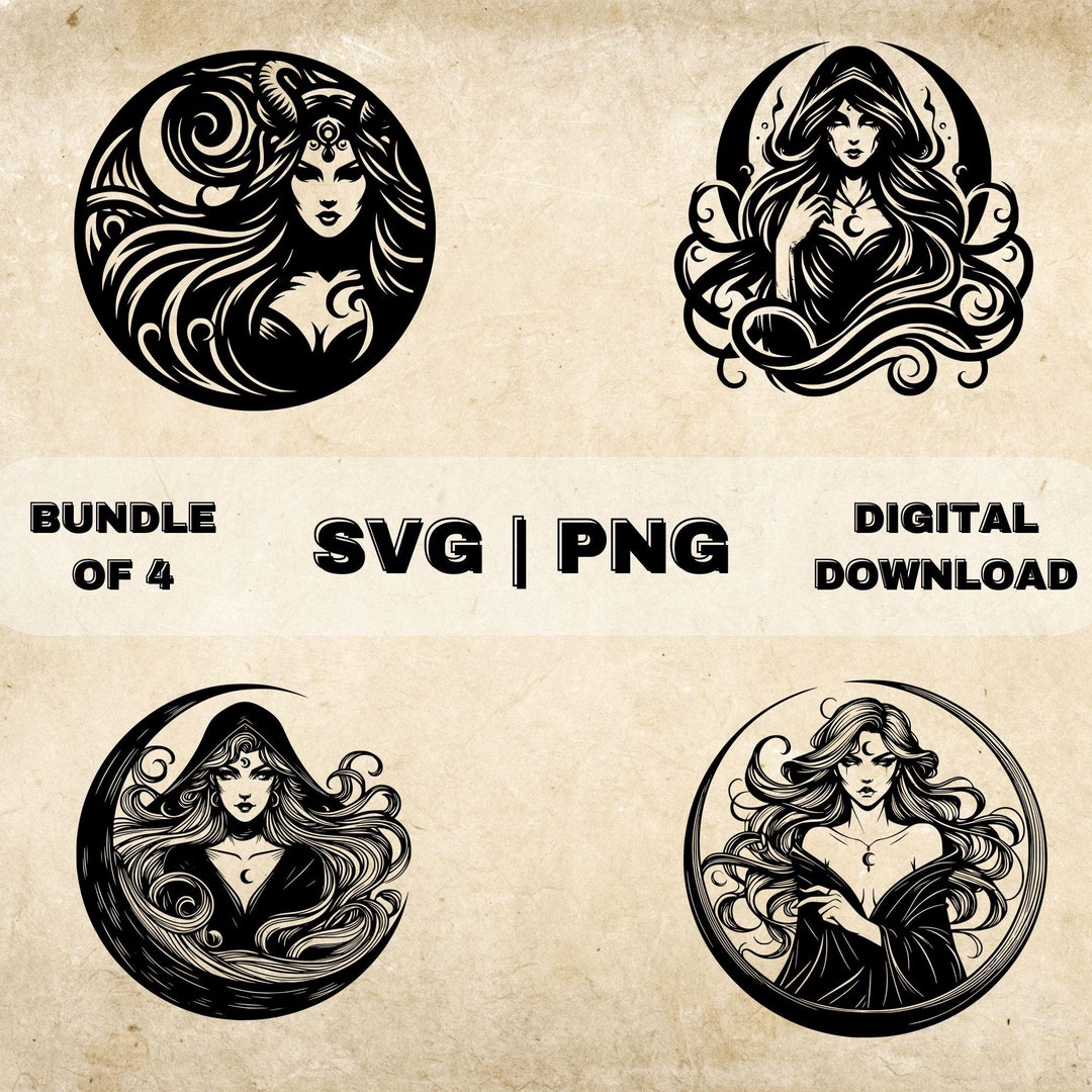 Lilith SVG Bundle, Wiccan Clipart, Hand Drawn Crescent Moon Witchy ...