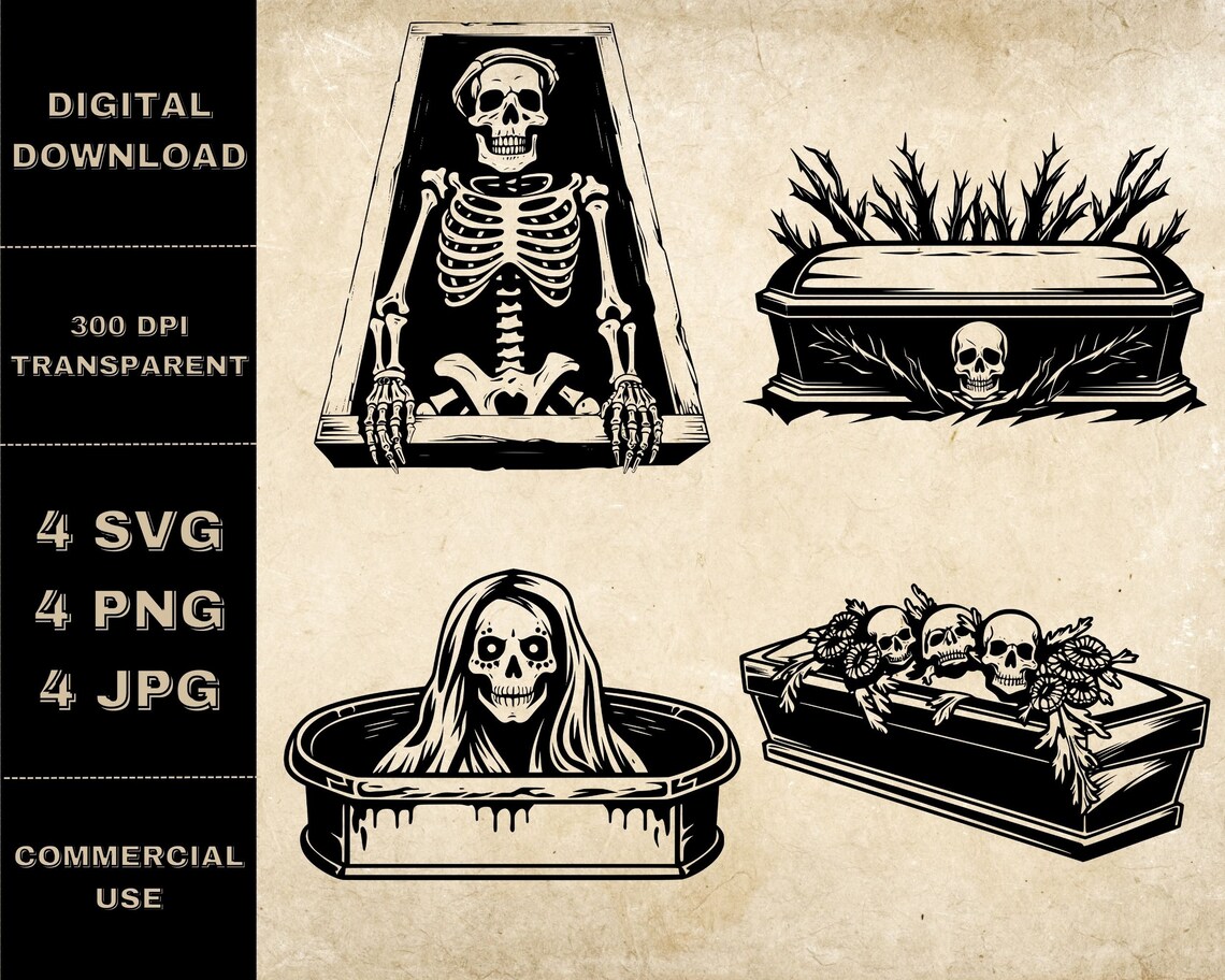 Skeleton Coffin SVG Bundle, PNG, Scary Clipart, Hand Drawn Halloween ...