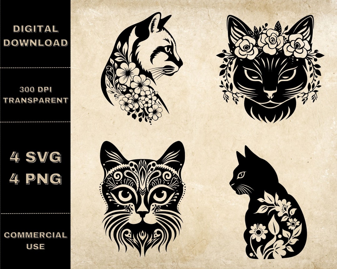 Floral Cat SVG Bundle, PNG, Cat and Flowers Clipart, Hand Drawn Flower ...