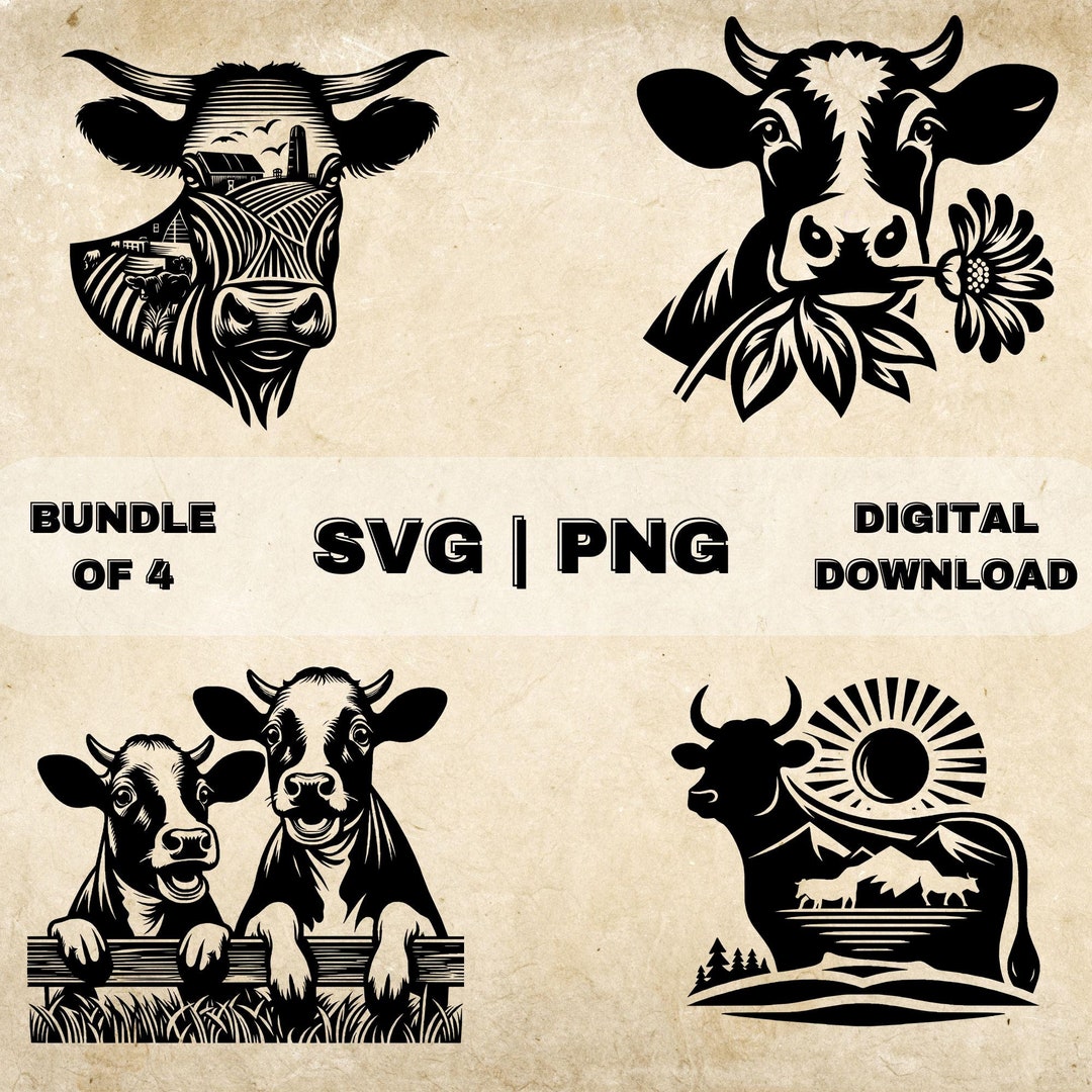 Cow SVG Bundle, Cow Head Clipart, Hand Drawn Farm Animal Theme Vector ...
