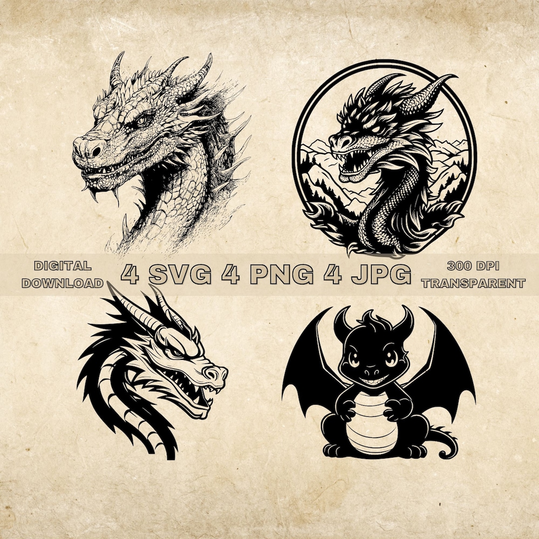 Dragon SVG Bundle, PNG, Dragons Clipart, Hand Drawn Dragon Vector ...