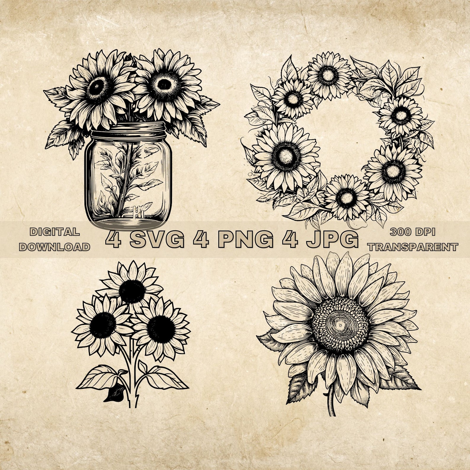 Sunflower SVG Bundle, PNG, Sunflower Wreath Clipart, Hand Drawn ...