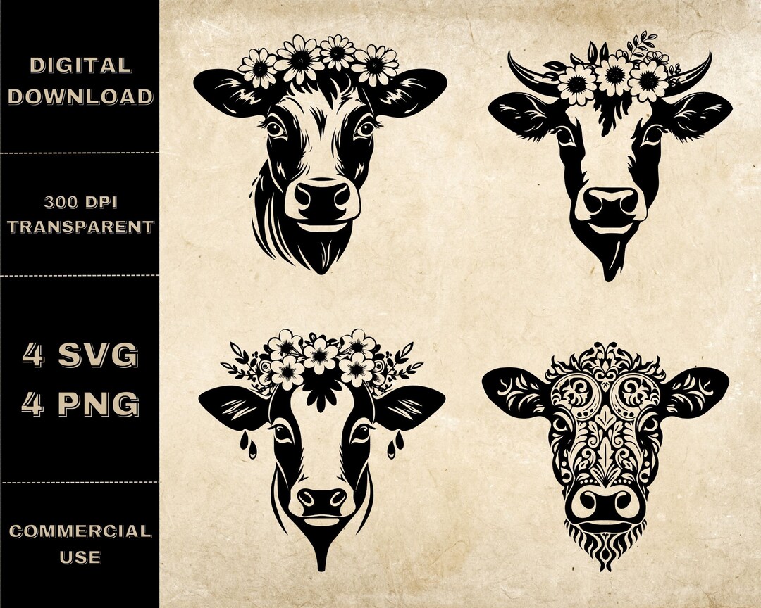 Floral Cow SVG Bundle, PNG, Cow and Flowers Clipart, Hand Drawn Flower ...