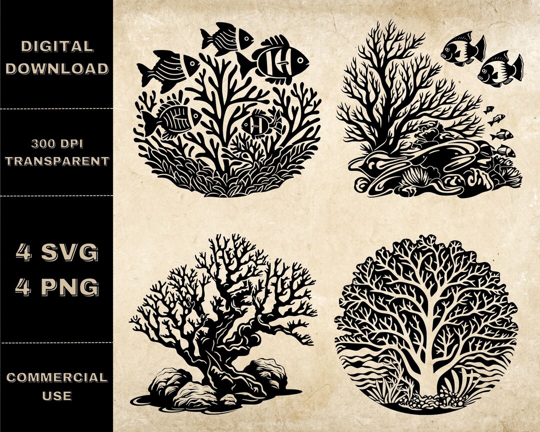 Coral SVG Bundle, PNG, Coral Reef Clipart, Hand Drawn Under the Sea ...