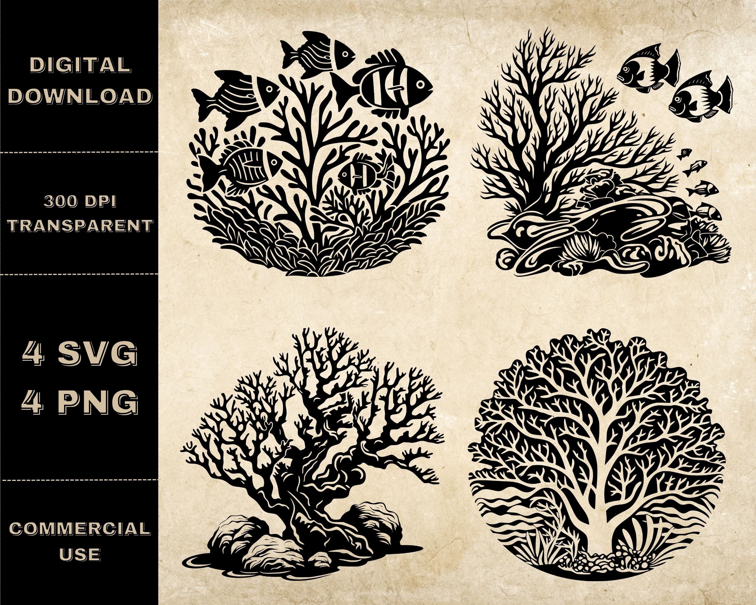Coral SVG Bundle, PNG, Coral Reef Clipart, Hand Drawn Under the Sea ...