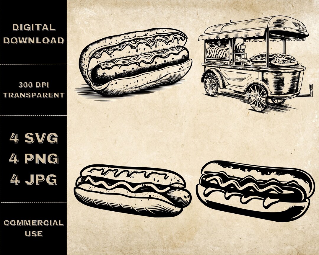 Hot Dog SVG Bundle, PNG, Fast Food Clipart, Hand Drawn Hotdog Vector ...