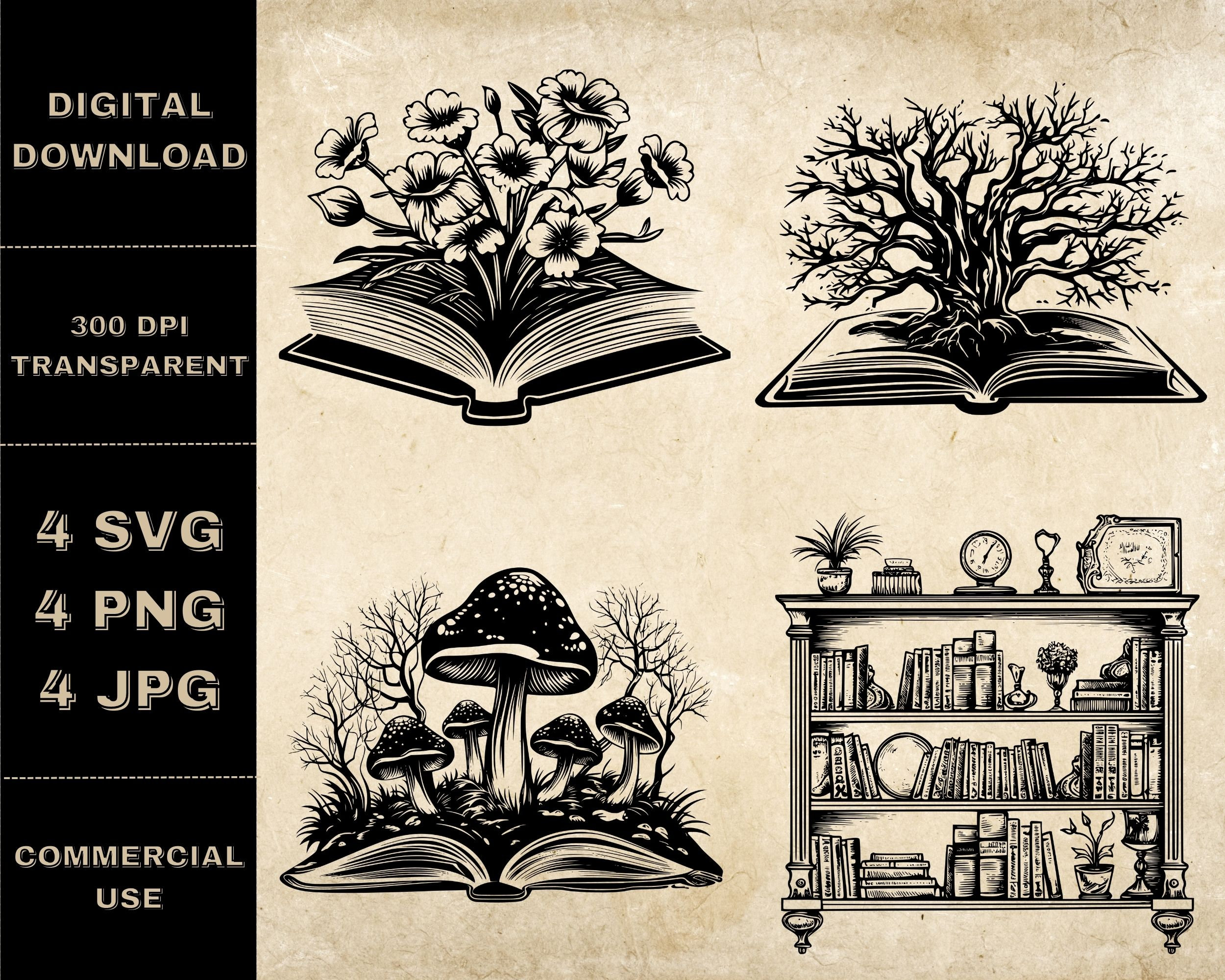 Book SVG Bundle PNG Fantasy Book Clipart Hand Drawn Floral - Etsy