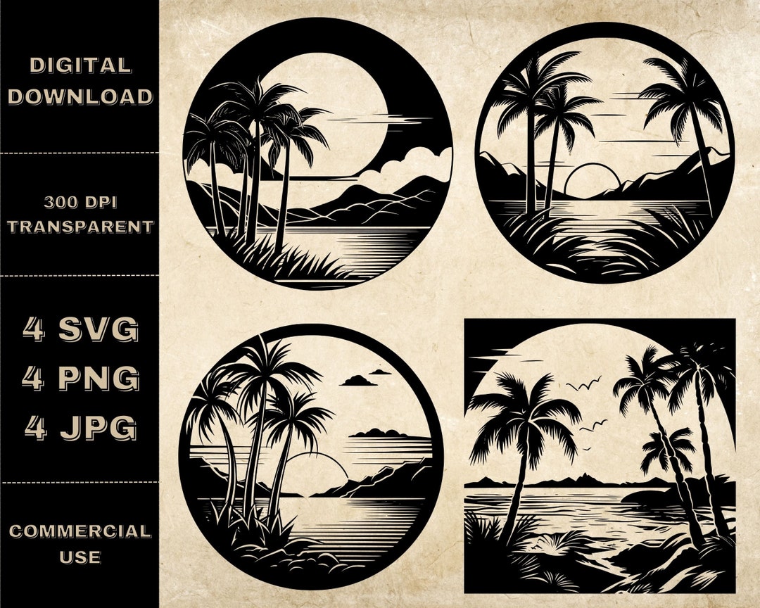 Tropical Sunset SVG Bundle, PNG, Beach Scene Clipart, Hand Drawn Palm ...