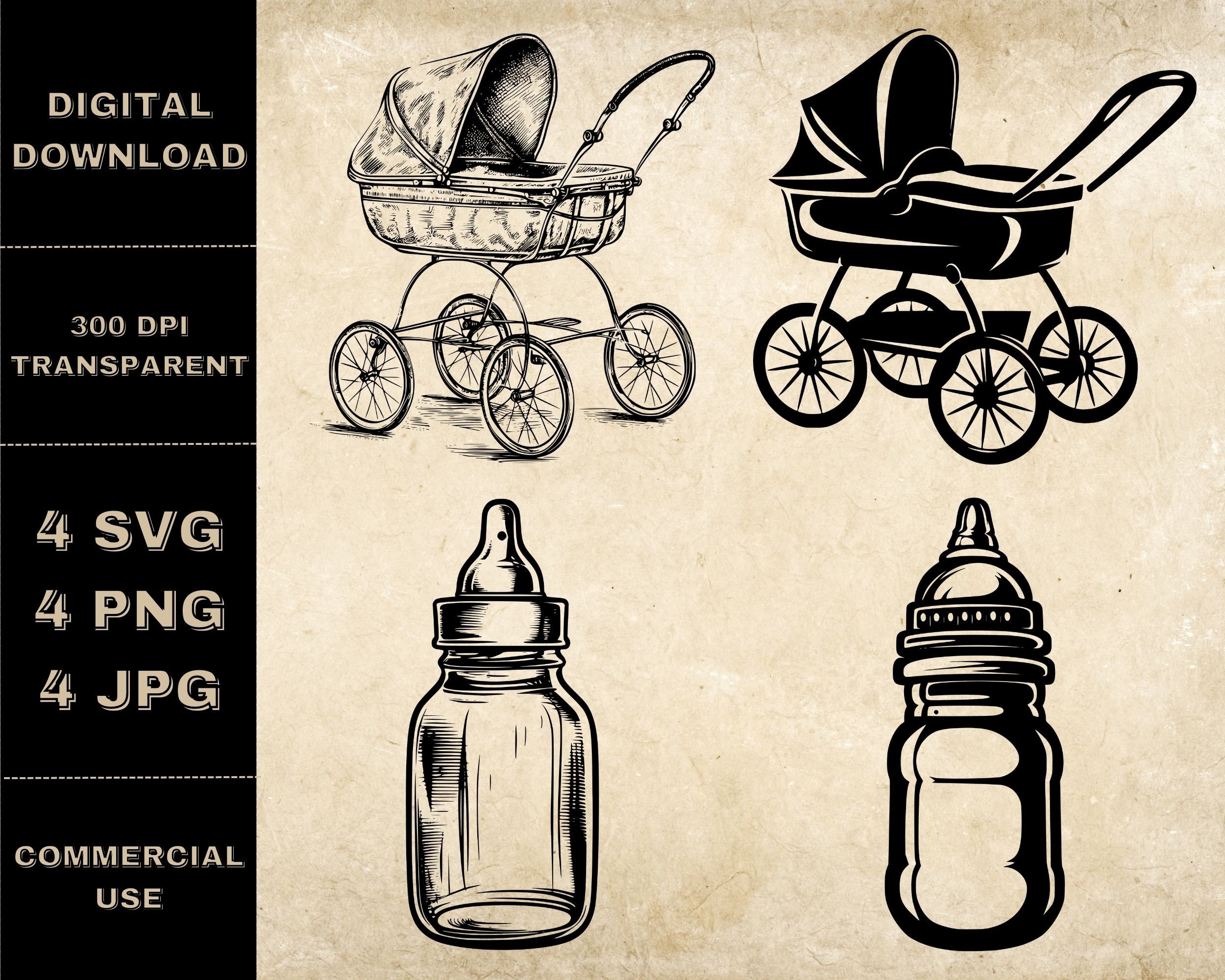 Baby Stroller SVG Bundle PNG Baby Bottle Clipart Hand Drawn - Etsy