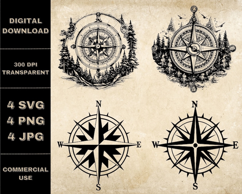 Compass SVG Bundle, PNG, Nautical Compass Clipart, Hand Drawn Compass ...