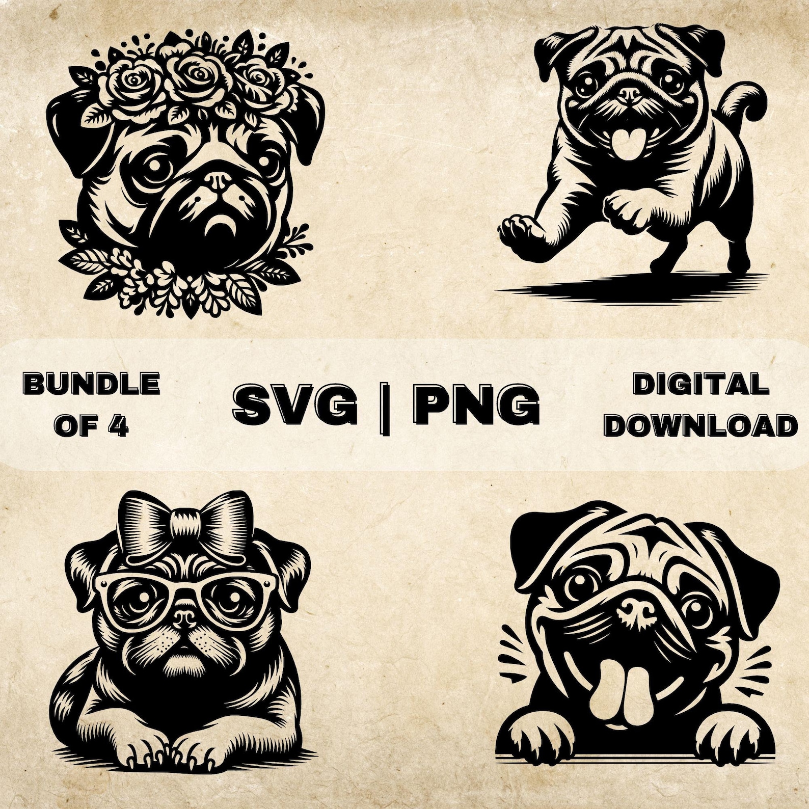 Pug SVG Bundle, Pug Clipart, Hand Drawn Dog Theme Vector Illustration ...