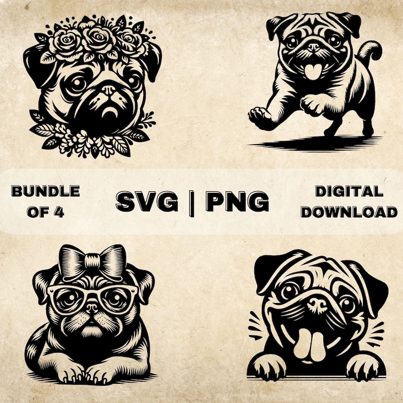 Pug SVG Bundle, Pug Clipart, Hand Drawn Dog Theme Vector Illustration ...