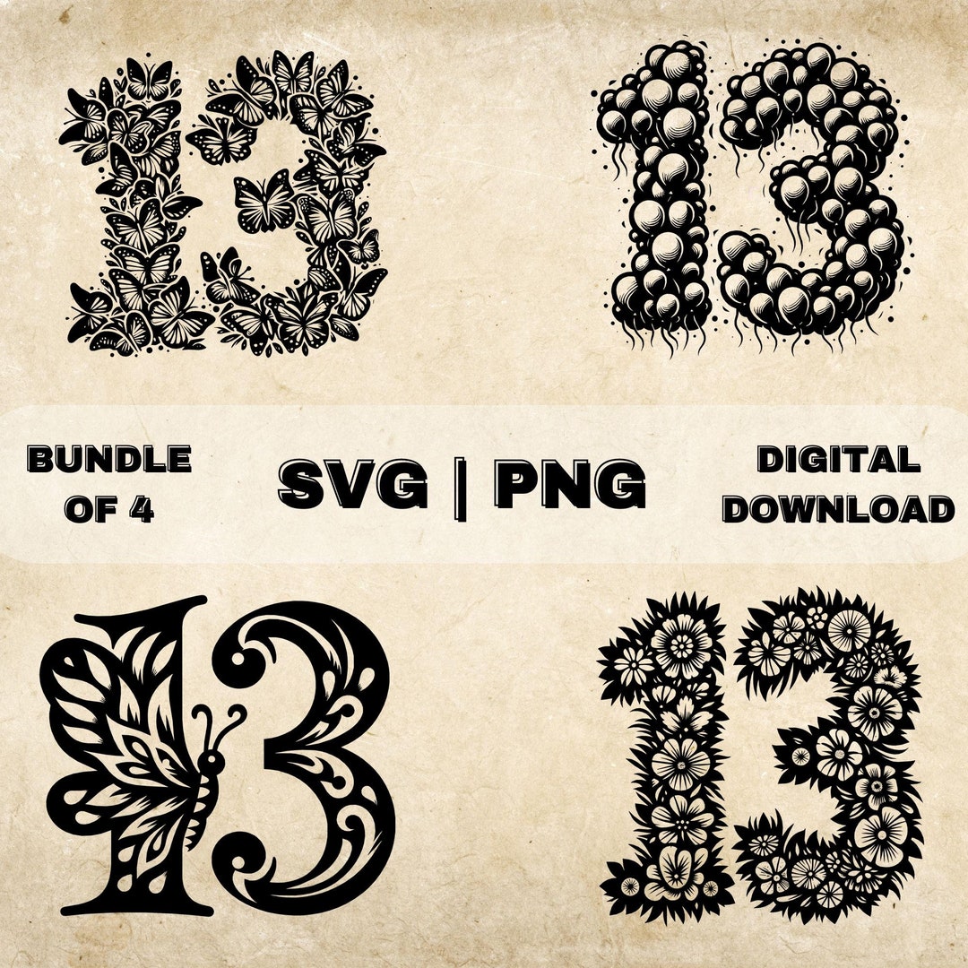 Number 13 SVG Bundle, 13th Birthday Clipart, Hand Drawn Thirteen Themed ...