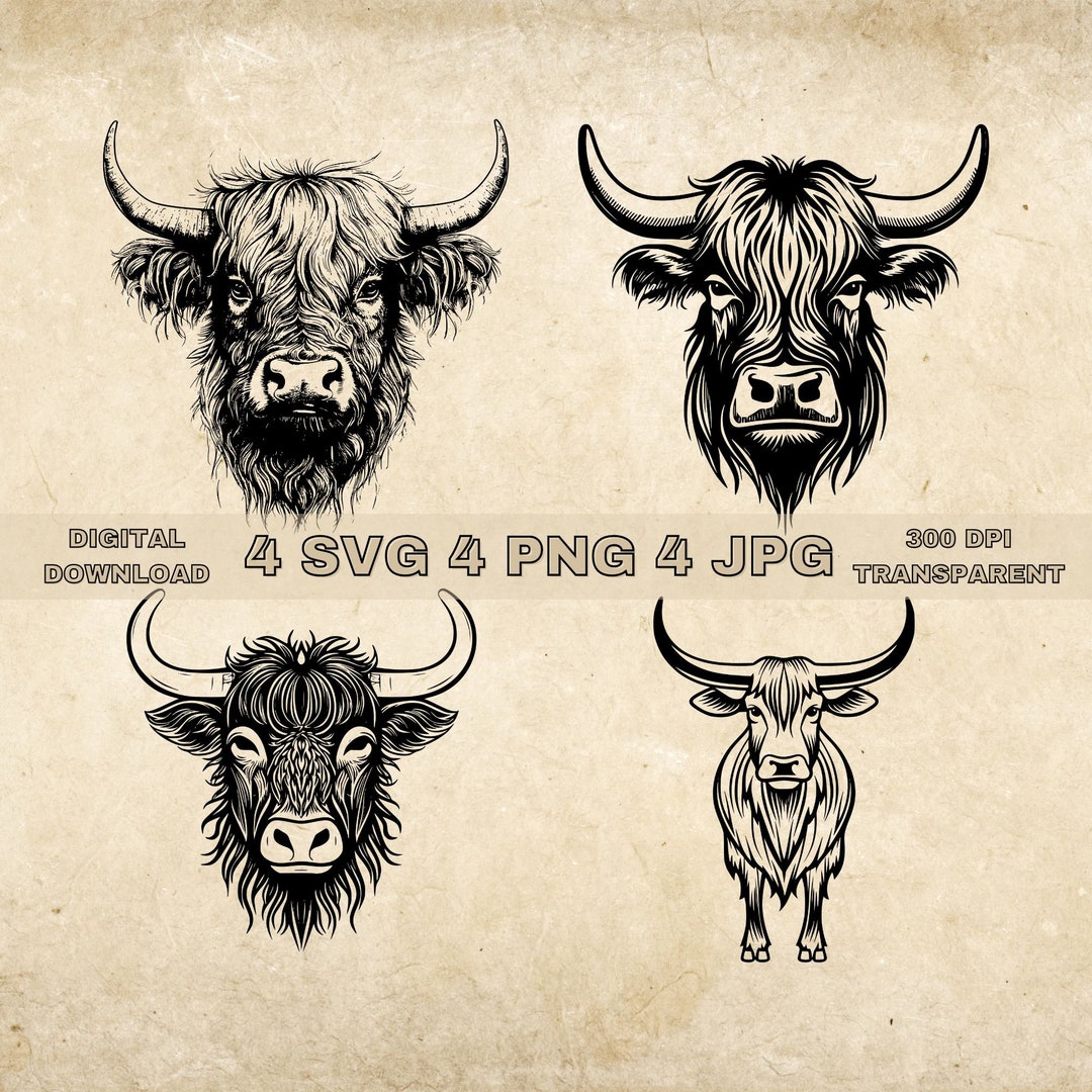 Highland Cow SVG Bundle, PNG, Highland Cow Clipart, Hand Drawn Highland ...